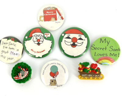 Lot of EIGHT (8) VINTAGE CHRISTMAS PINS Santa, wreath, hallmark, secret ...