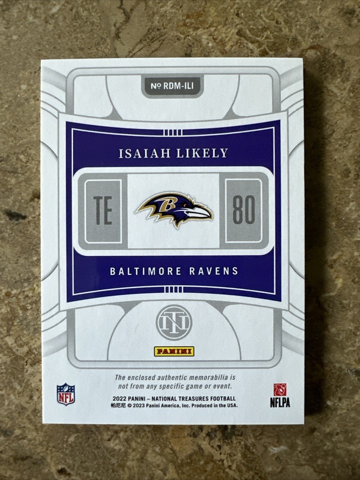 2022 PANINI NATIONAL TREASURES DUAL RELIC RAVENS ROOKIE ISAIAH LIKELY ...