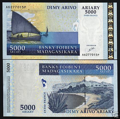 MADAGASCAR 5000 ARIARY 25000 FRANCS P84 2003 BOAT MAP UNC AFRICA ...
