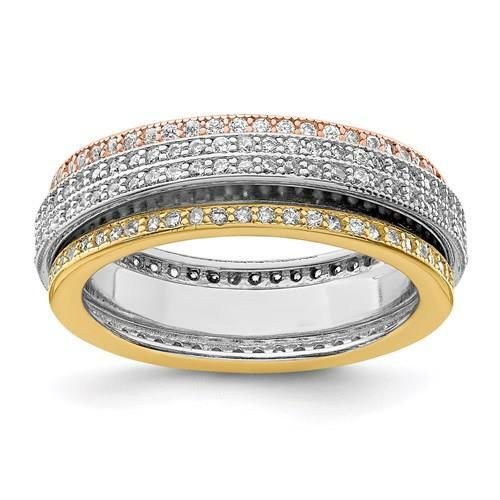 Tri Color Gold Sterling Silver Micro Pave Wide Eternity Band Ring Size ...