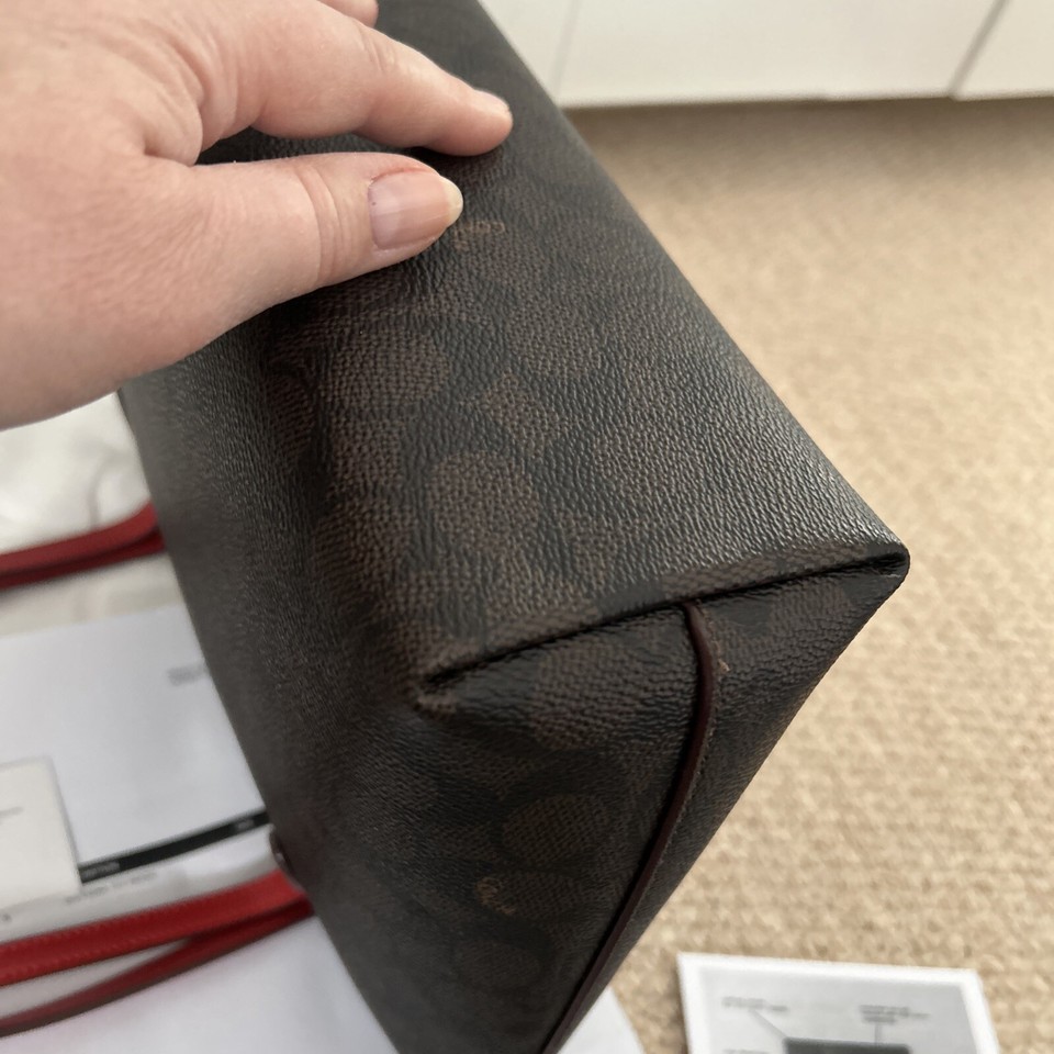 Coach Fiona Zip Tote Bag Signature Canvass Walnut/Black/Red Style No ...