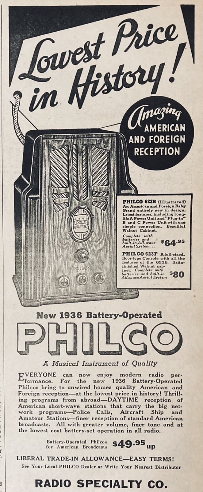 1935 AD.(XH18)~NEW 1936 BATTERY-OPERATED PHILCO 623B RADIO FOR THE FARM ...