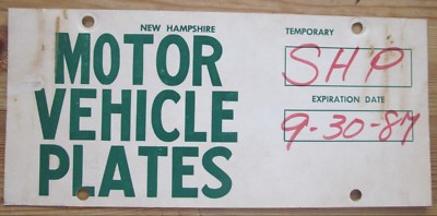 New Hampshire 1987 TEMPORARY CARDBOARD License Plate | eBay