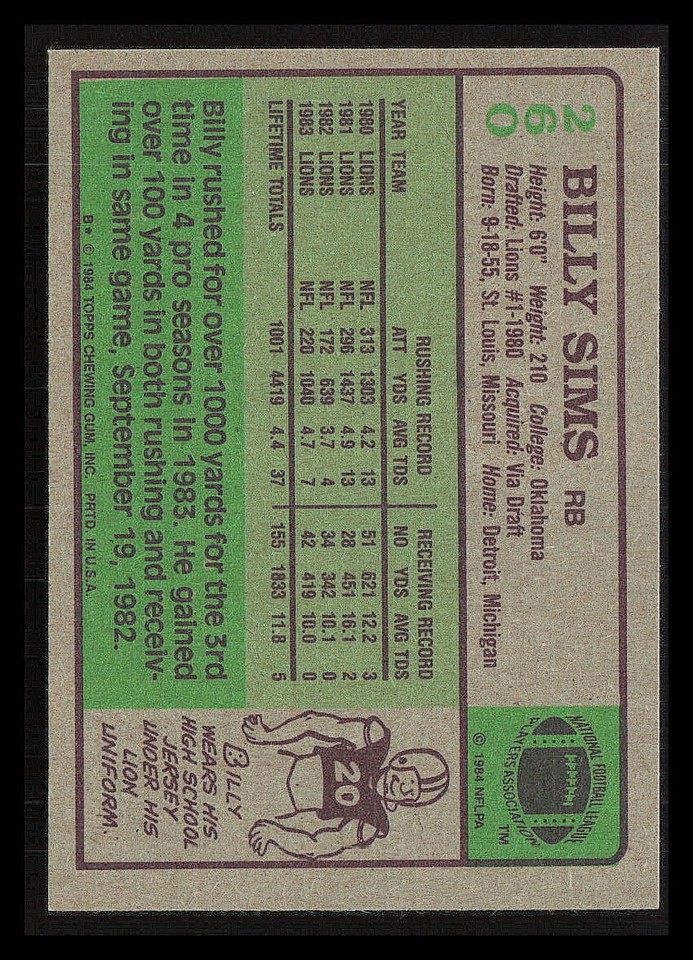Billy Sims 1984 Topps #260 Detroit Lions | eBay
