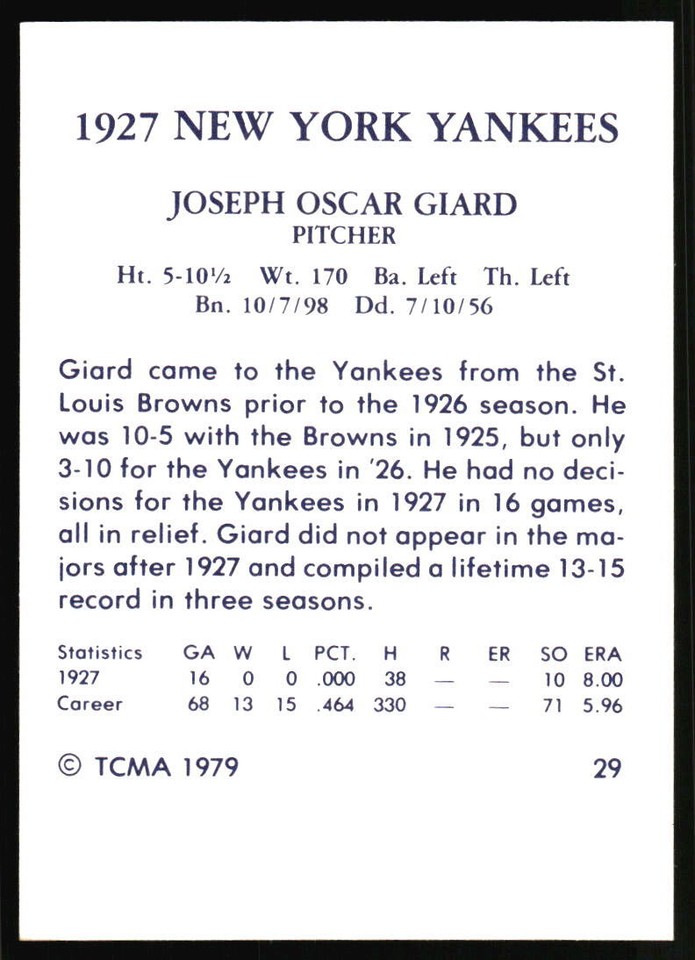 1979 TCMA 1927 New York Yankees Joe Giard #29 New York Yankees | eBay