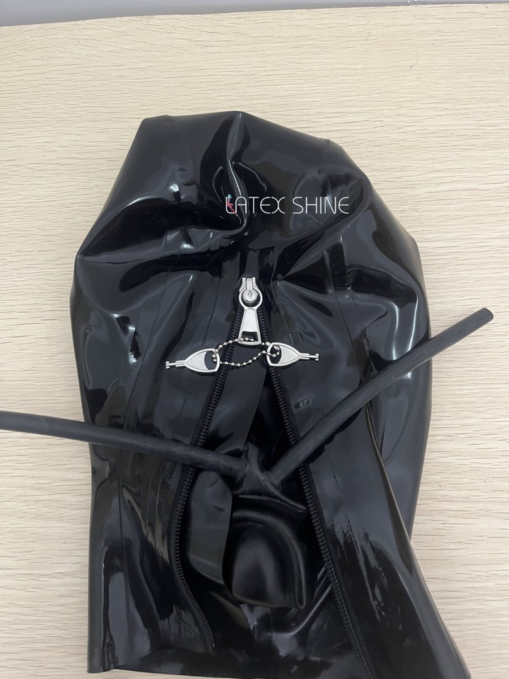Lockable Zip Latex Fetish Hood Mask with Mouth Gag Long Nasal Tube | eBay