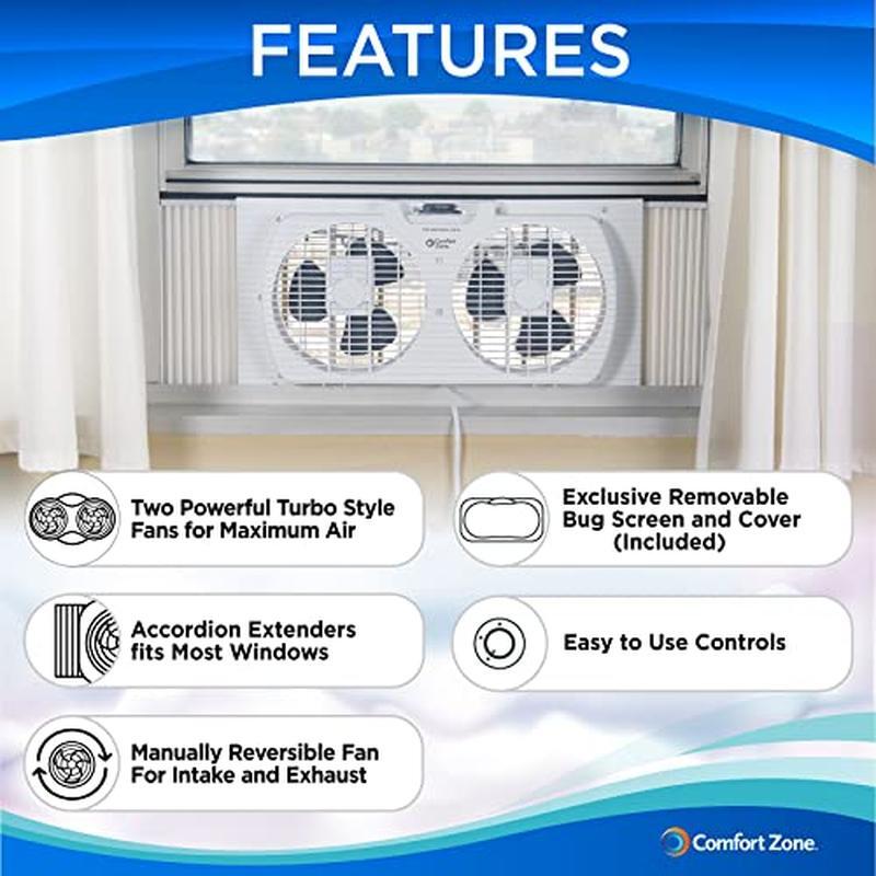 Twin Blade Window Fan Reversible Airflow Control Dual Speed Auto-Lock ...