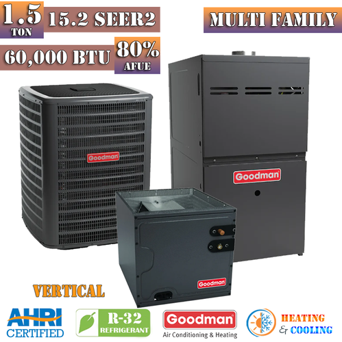 R32 Goodman 1.5 Ton Multi Family AC Gas Furnace System 15.2 SEER2 80% ...
