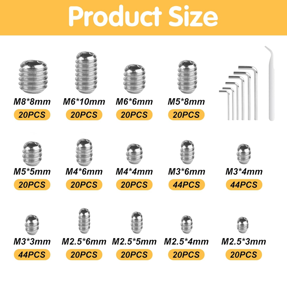 360Pcs Stainless Steel Allen Head Socket Hex Set Grub Screw Assortment ...