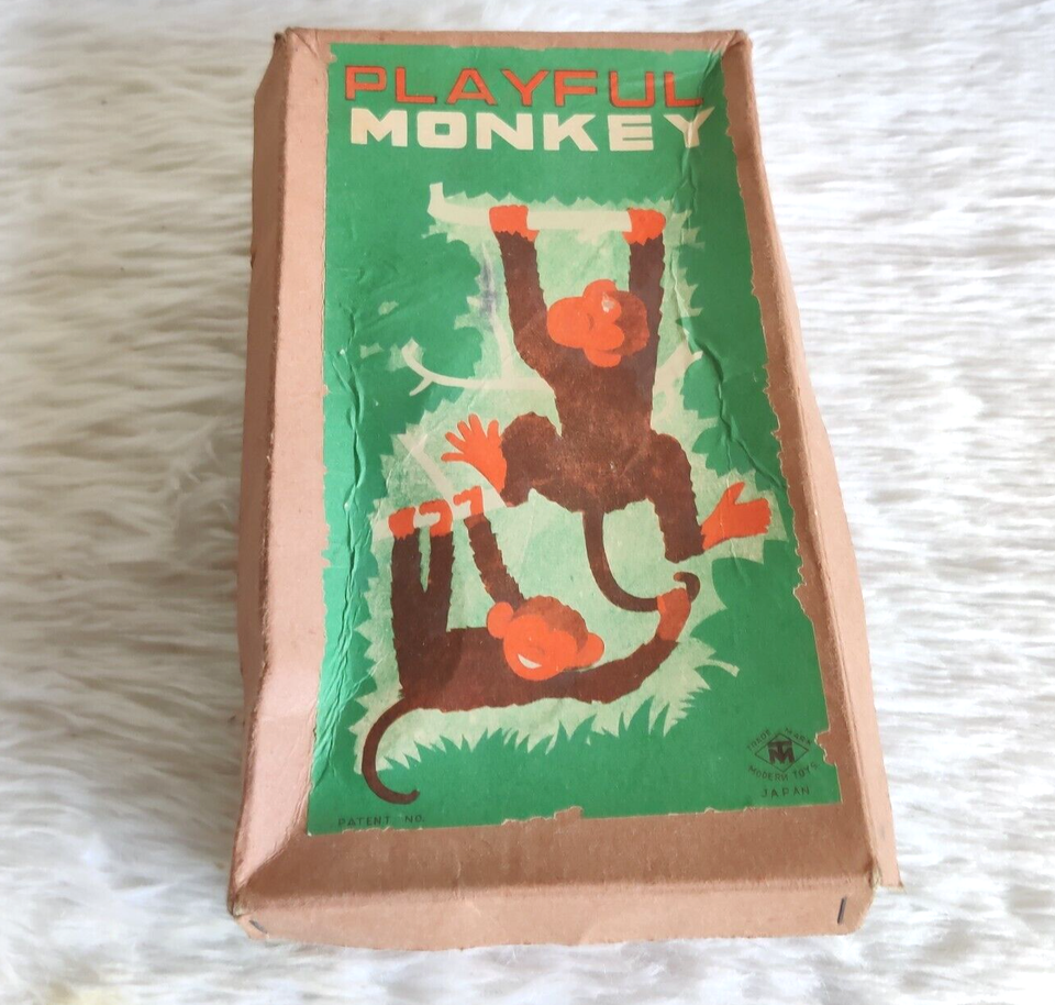 Vintage Playful Monkey Boxed Cloth Textured Wind Up Tin Toy MT TM Japan ...