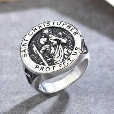 Mens Amulet Ring Stainless Steel St Saint Christopher Medal Signet Ring ...