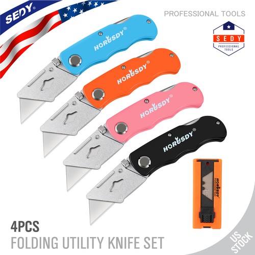 4pc Folding Utility Knife Quick Change Blade Lockback Safe Box Cutter ...