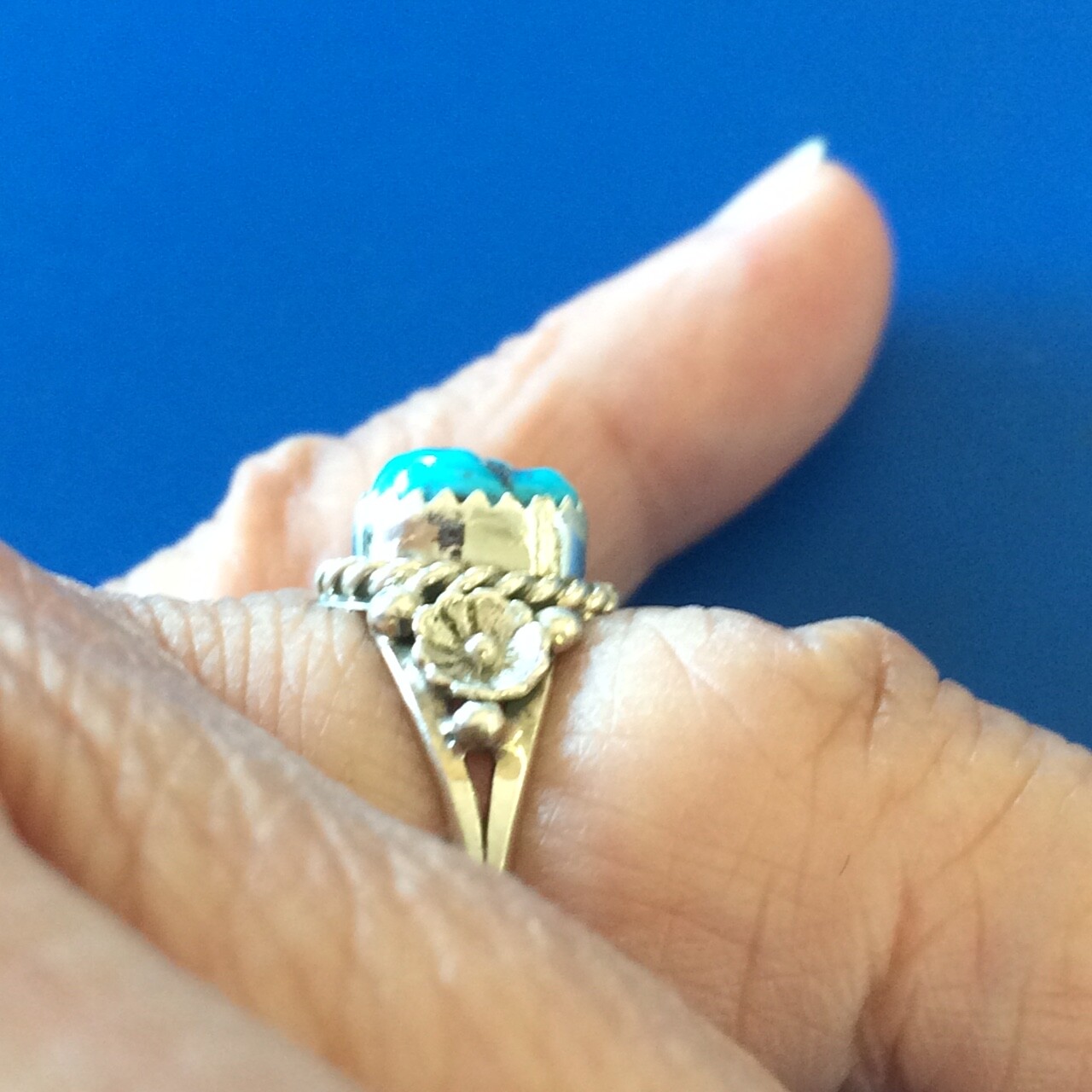 Native Ring Sterling Silver Blue Turquoise Double Flower Indian FREE ...
