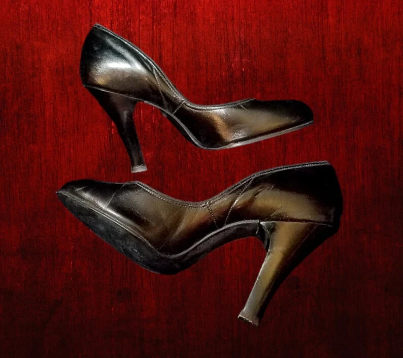 1950's High Heels, Black Leather Baby Doll Pumps, Bet… - Gem