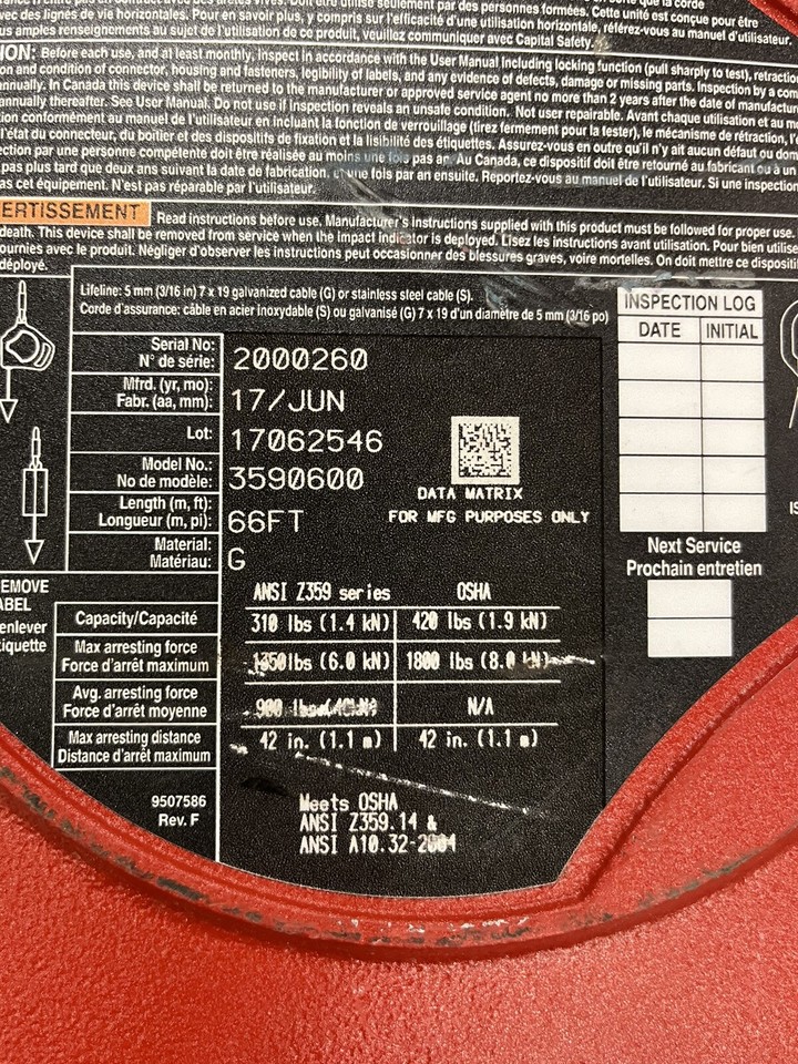 REBEL,3590600,PROTECTA RETRACTABLE SAFETY LIFE LINE 66FT LENGTH 420LB ...