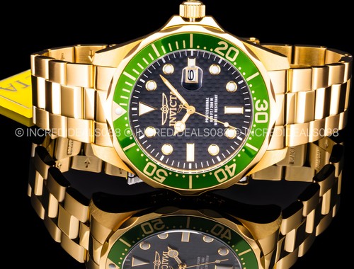 Invicta PRO DIVER 18K Gold Green Bezel Black CF Dial Mens Bracelet ...