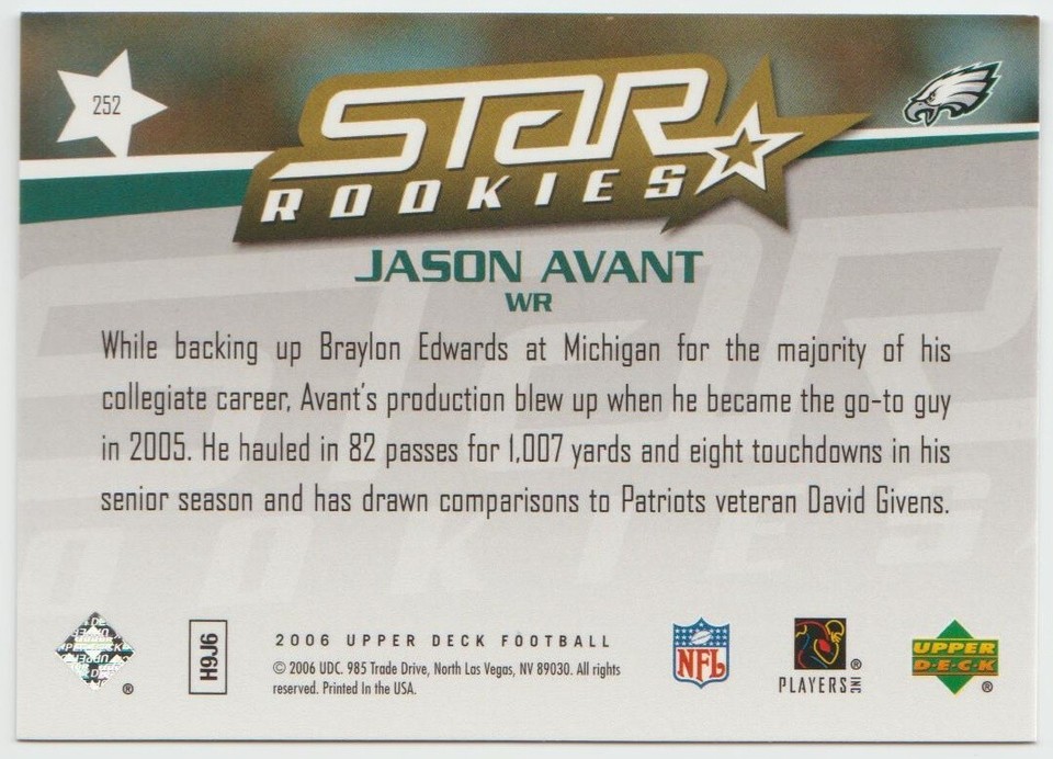 2006 Upper Deck Football #252 Jason Avant RC - Philadelphia Eagles | eBay