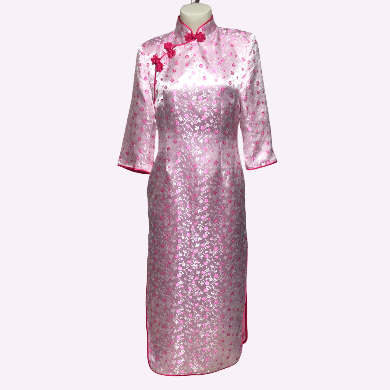 Pink Cherry Blossom Cheongsam Qipao Asian Long Satin … - Gem