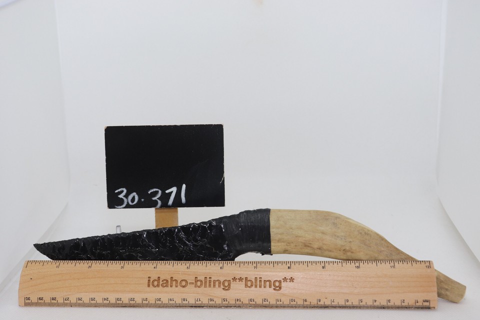 Flint Knapped Dark Burns Green Obsidian Knife Blade Hafted on Deer ...