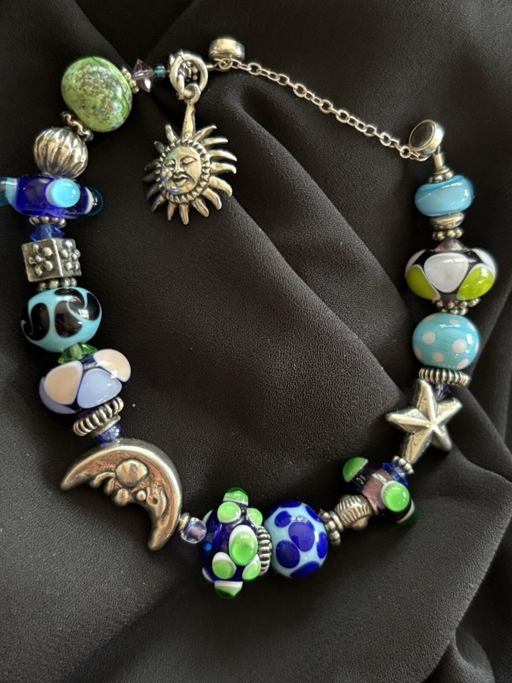 Trollbeads bracelet With 10 Beads And Silver Charms, Sun, Moon Star 925 ...