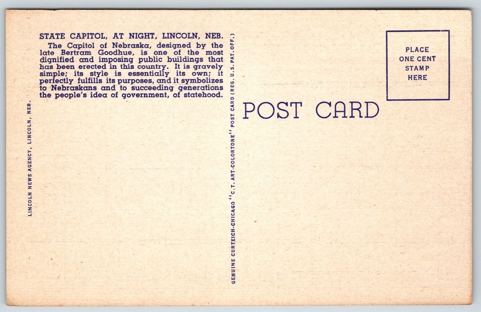 Postcard State Capitol At Night, Lincoln Nebraska Unposted | eBay UK