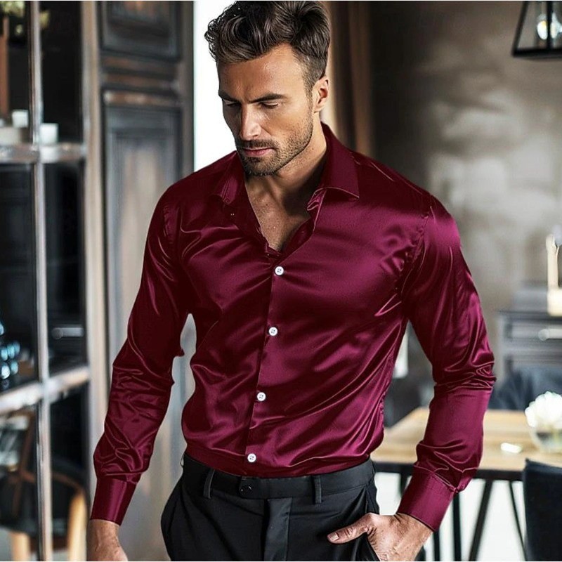 Trendy Mens Satin Silk Button Down Dress Shirt for Wedding Party Long ...