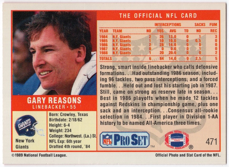 PB065 1989 Pro Set #471 Gary Reasons RC New York Giants | eBay