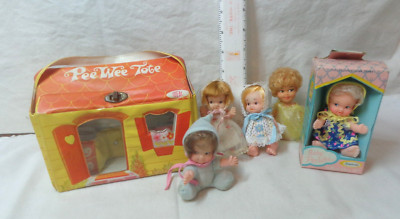 VINTAGE UNEEDA PEE WEE TOTE & 6 BABY DOLLS W/1 ORIGINAL BOX LOT 60S/70S ...