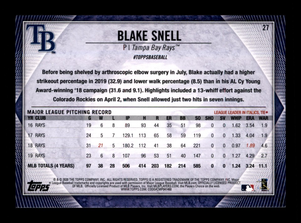 2020 Topps National Baseball Card Day #27 Blake Snell Tampa Bay Rays ...
