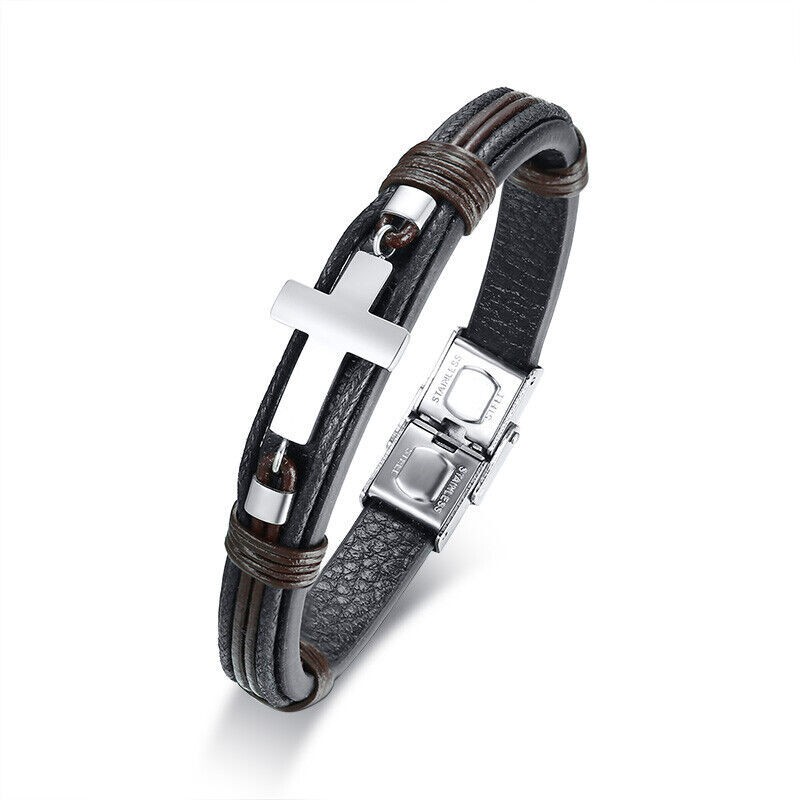 Religious Braided Leather Cross Charm Men Bracelet Bangle Christian ...