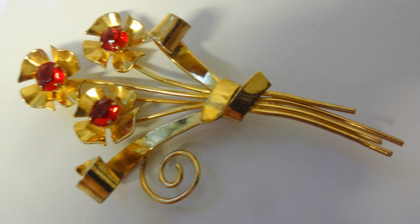 Vintage Signed CORO STERLING Gold Washed Ruby Red Stone Flowers Pin ...