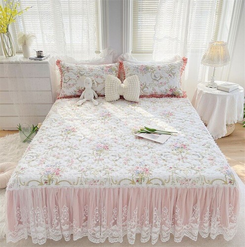 Lace Ruffle Quilted Floral Pattern Bed Skirt Mattress Cover Bedspread ...