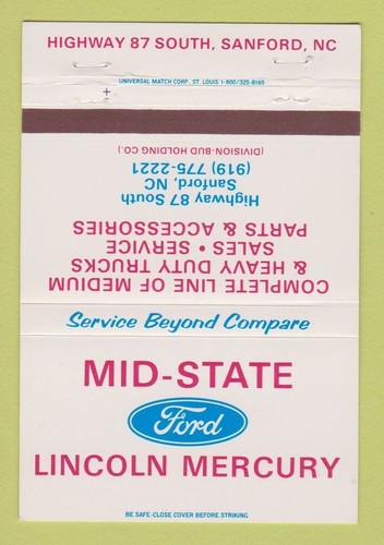 Matchbook Cover - Mid State Ford Lincoln Mercury Sanford NC 40 Strike ...