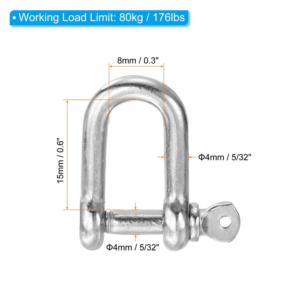 Screw Pin Shackle M4 5/32" 176lbs, 8 Pack 304 Stainless Steel D Shackle ...