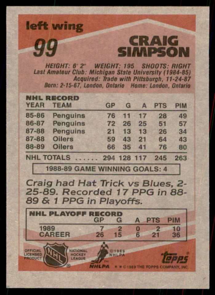 1989-90 TOPPS CRAIG SIMPSON EDMONTON OILERS #99 | eBay