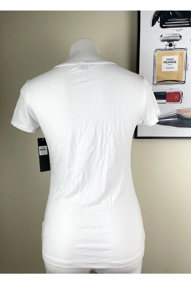 New BEBE Rhinestone Logo top tee square neck white size M | eBay