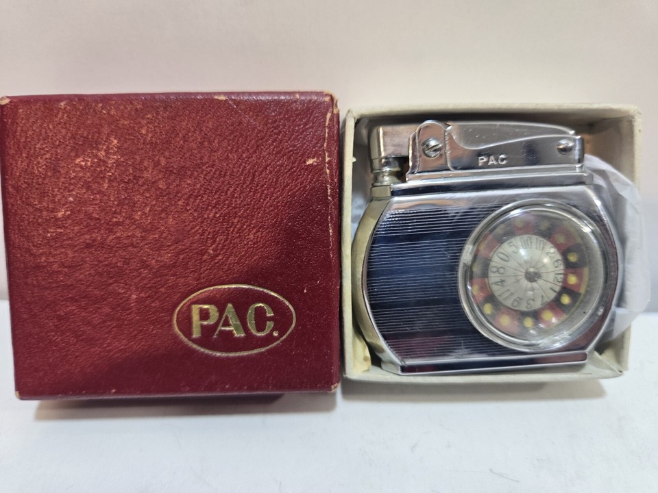 Working VINTAGE ROULETTE WHEEL Silver Tone PAC LIGHTER/ Original Box ...