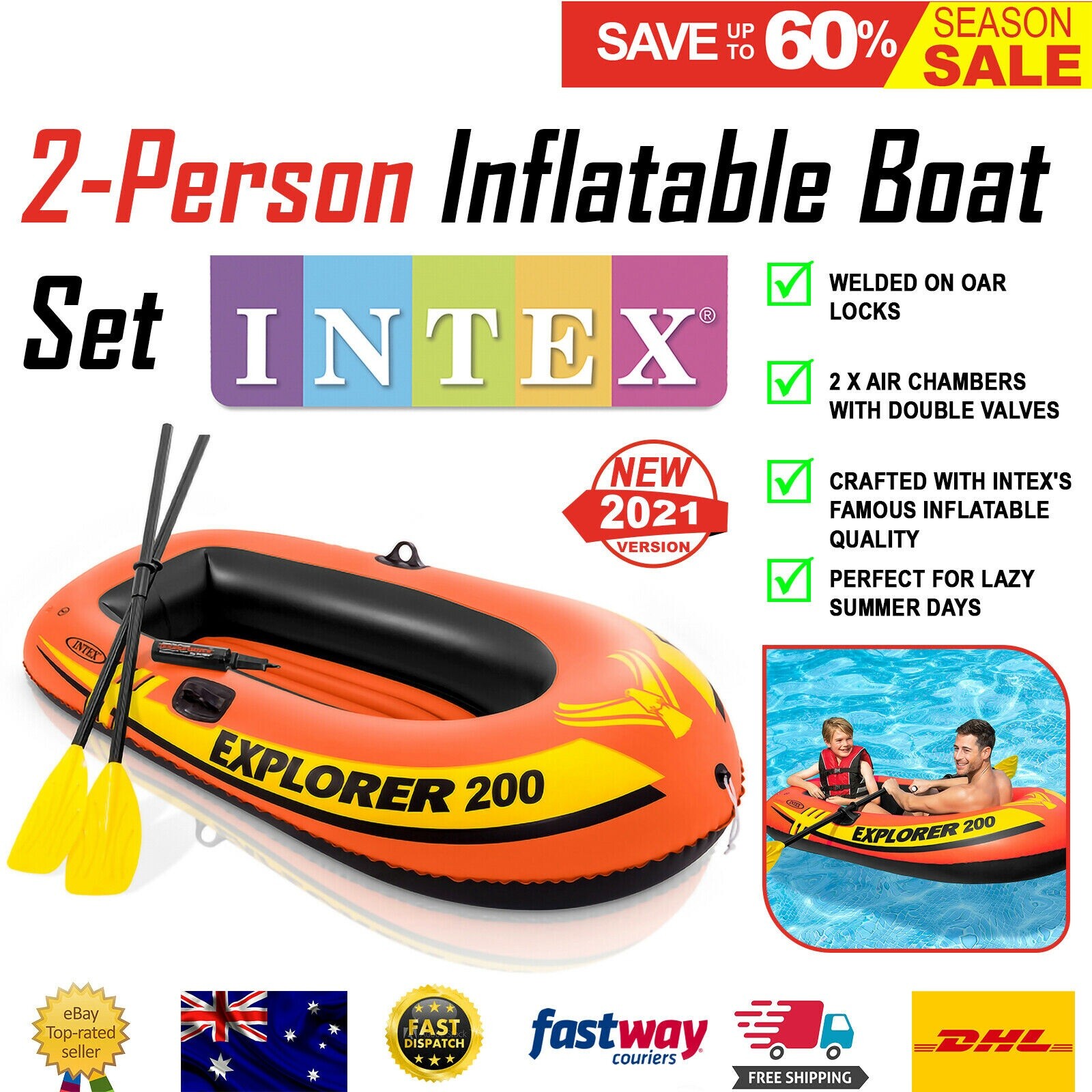 Intex Inflatable 2 Person Boat Kayak Canoe River Lake Paddle w/ Oars ...