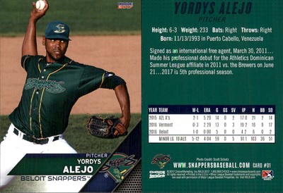 Yordys Alejo 2017 Choice Beloit Snappers #1 RC Card Beloit Snappers | eBay