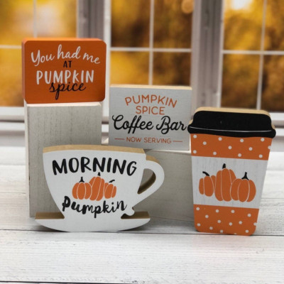 New 4 Pc Set Fall Block Pumpkin Spice Coffee Bar Signs Tiered Tray ...