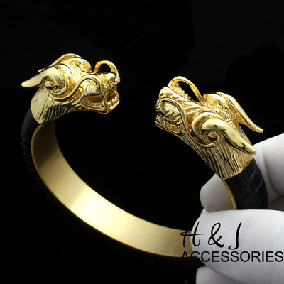Stainless Steel 12mm Gold Plated Black Dragon Heads Leather Adjust ...