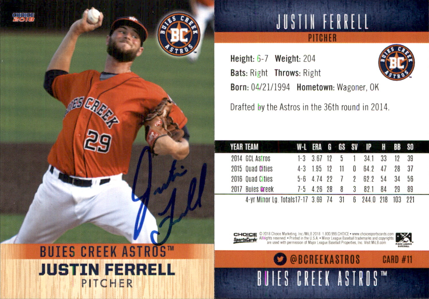 Justin Ferrell Signed 2018 Choice Buies Creek Astros RC *Autograph Den ...