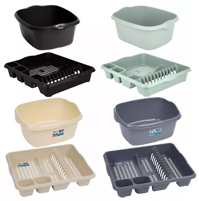 Washing Up Bowl & Dish Drainer Set Large Plate Holder Kitchen Organiser ...