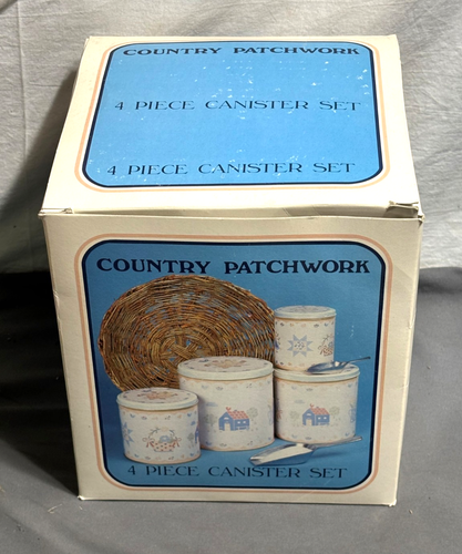 NEW IN BOX Vintage 1980s COUNTRY PATCHWORK 4 piece Metal Canister set ...