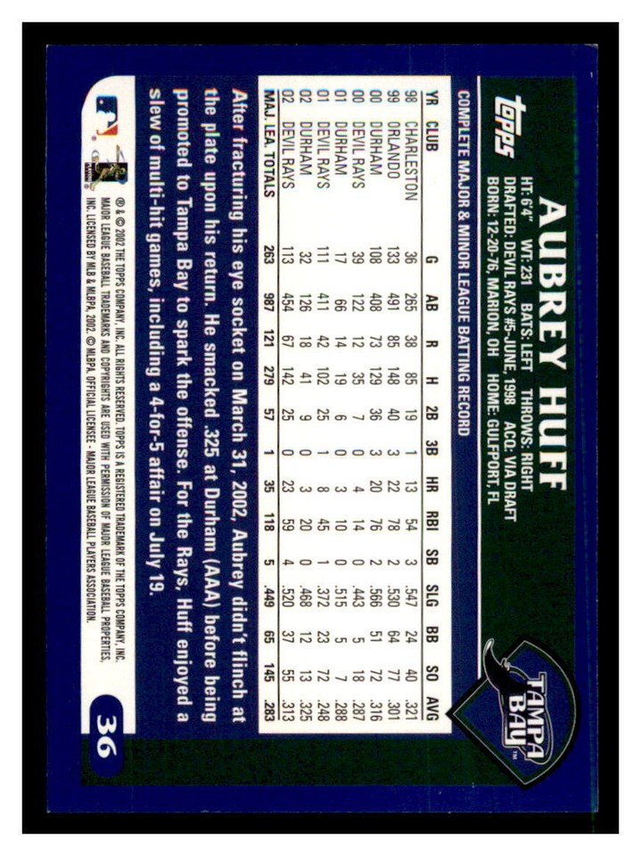 2003 Topps #36 Aubrey Huff - Tampa Bay Rays Baseball Card | eBay