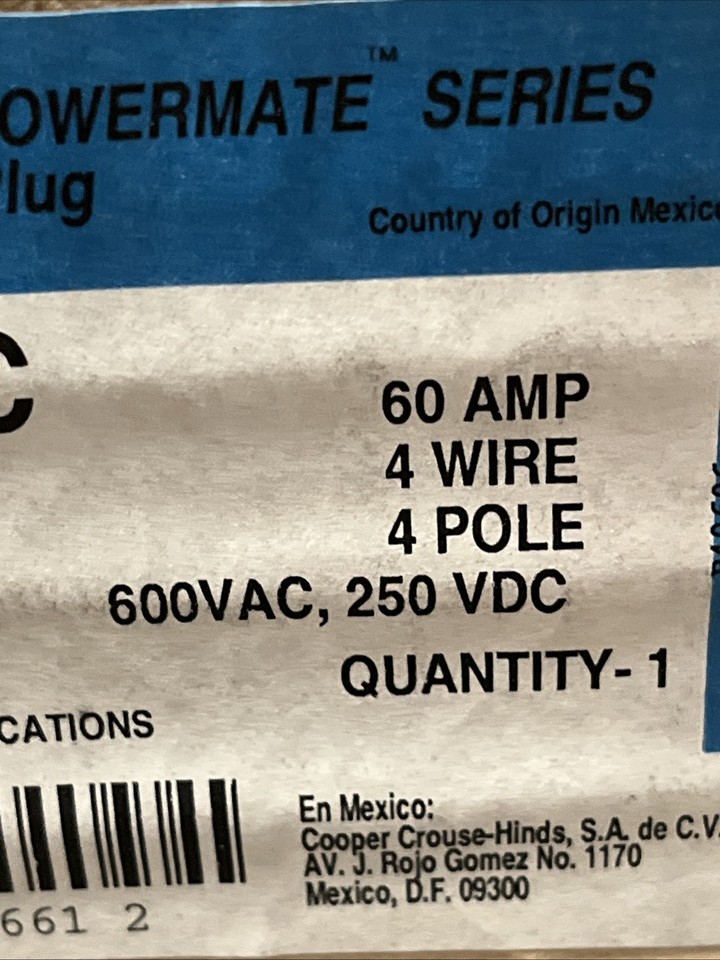 Cooper Crouse-Hinds CCP6044BC POWERMATE Plug 60A 4W 4P 600VAC 250VDC ...