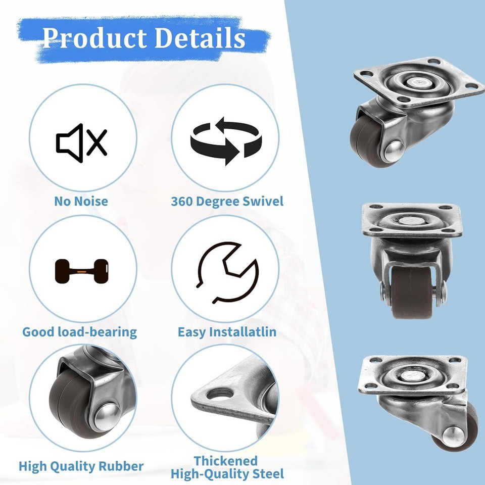 8Pcs 1/2Inch Small Caster Wheels, 360 Degree Swivel Casters Set, Caster ...