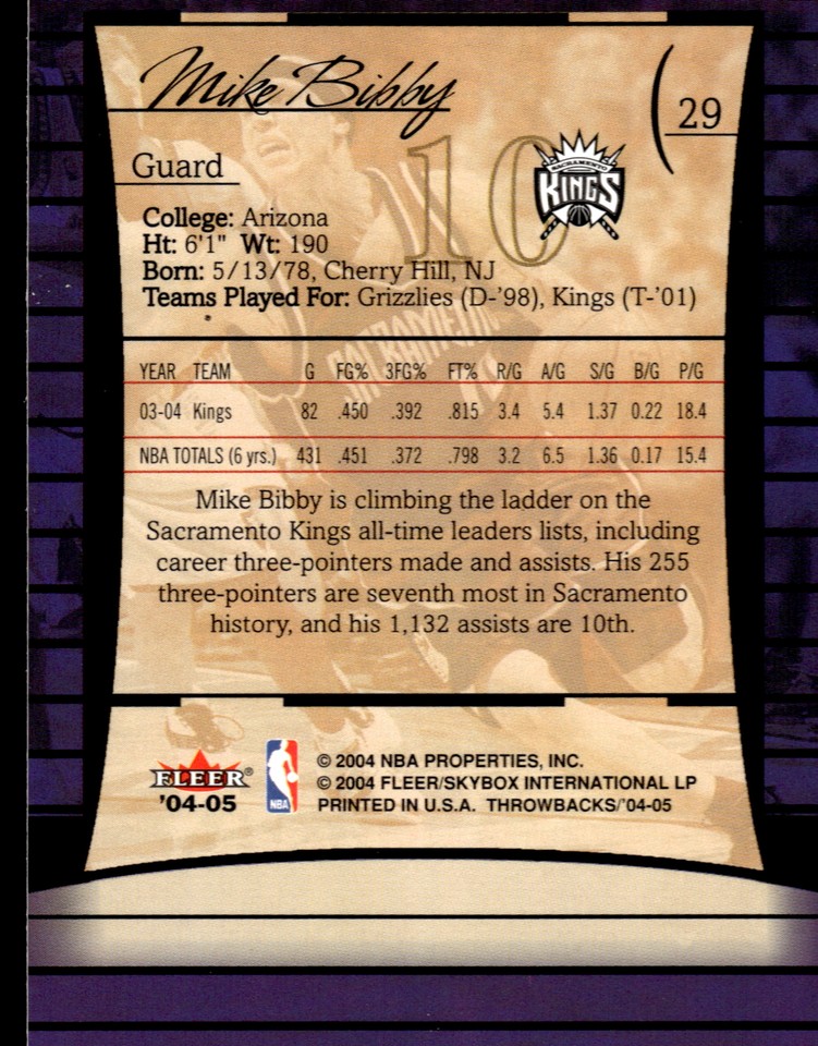 2004-05 Fleer Throwbacks #29 Mike Bibby Sacramento Kings | eBay