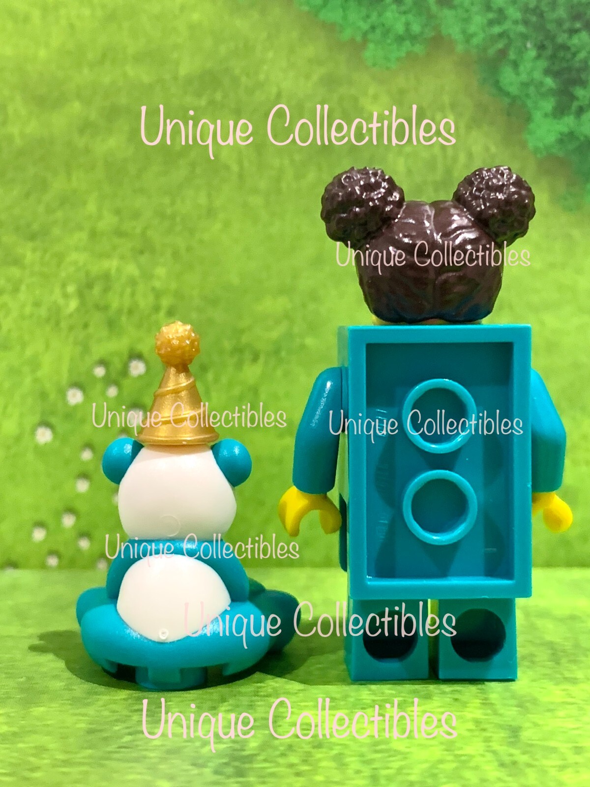 LEGO Minifigure Teal Brick Girl with Panda and Gold Party Hat Brand New ...