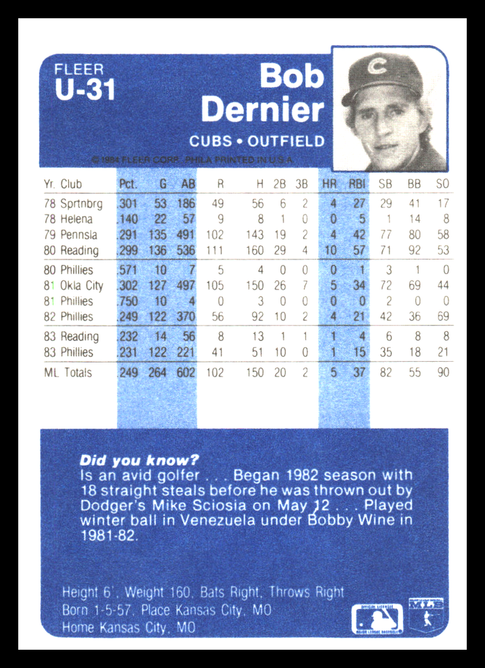 1984 Fleer Update #U-31 Bob Dernier Chicago Cubs | eBay